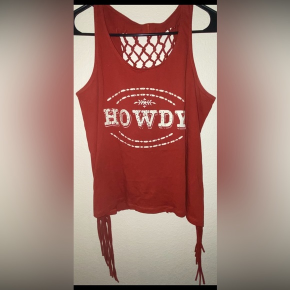 Shyanne | Tops | Rust Howdy Tank Top W Laced Back And Fringe On Sides ...